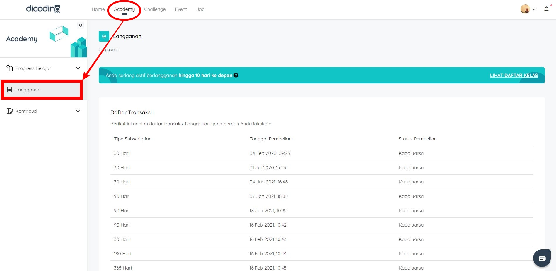 Cara Melihat Status Langganan Kelas – Dicoding's Help | Dicoding's Help
